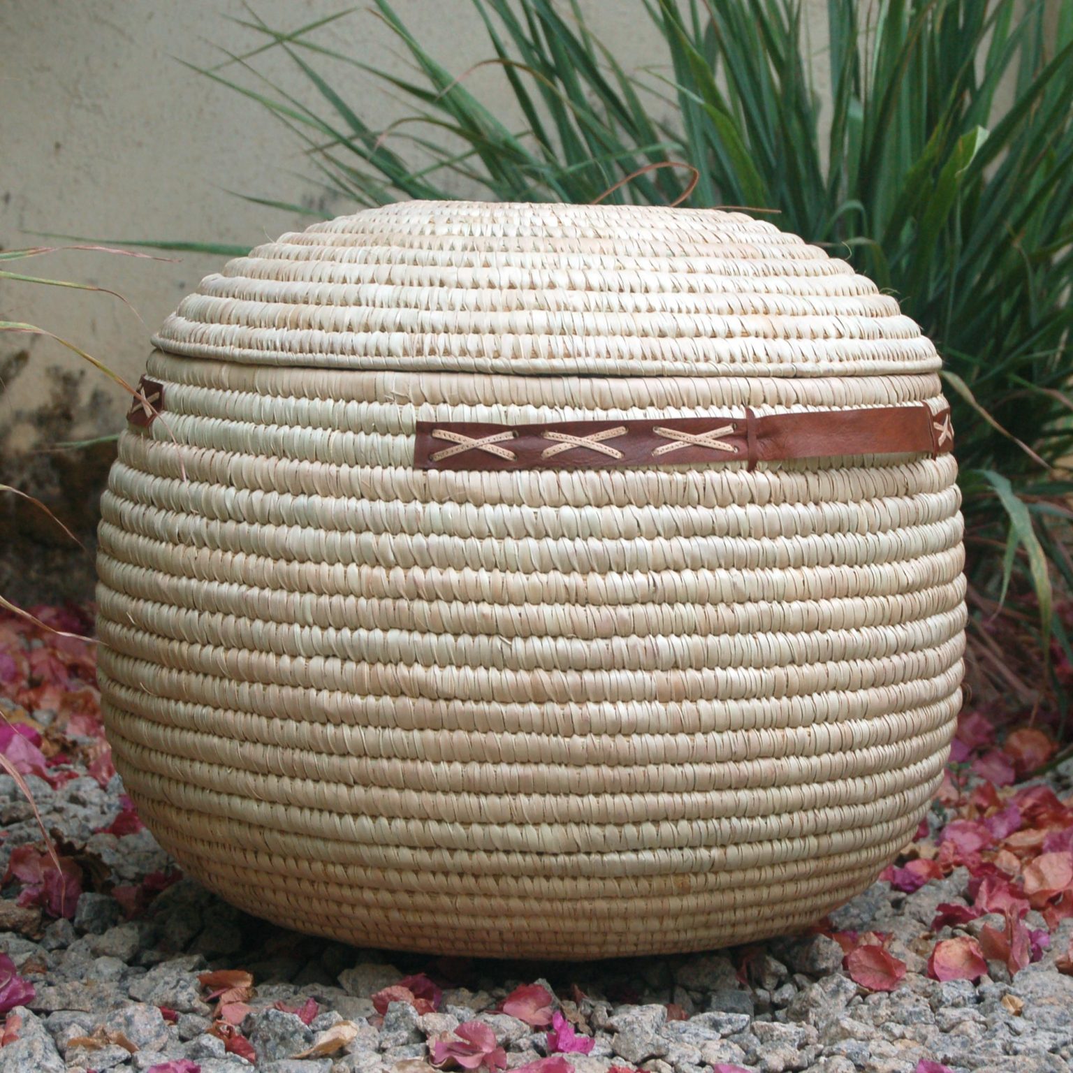 Large African Storage Basket with Leather Handles • AfriMod