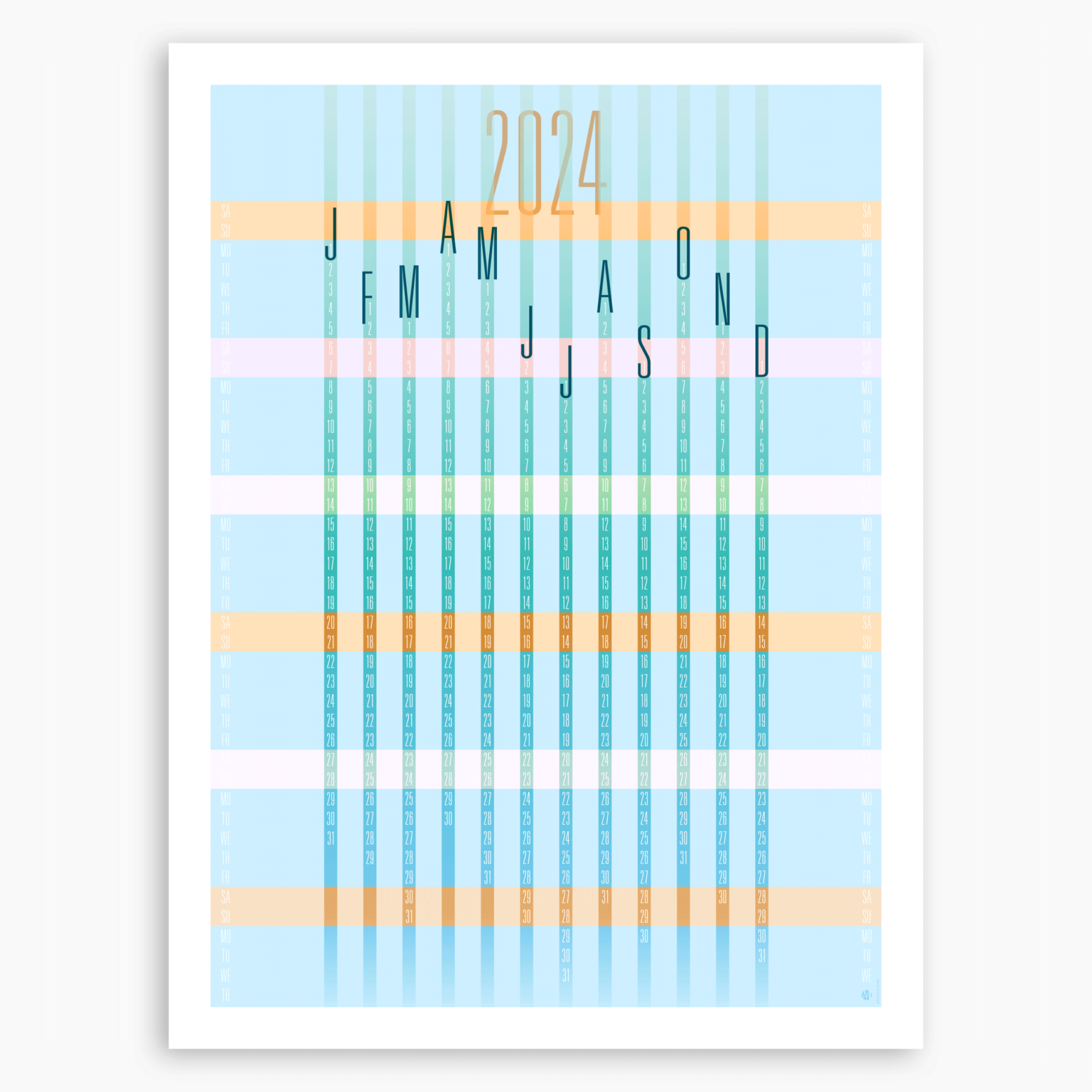 2024 Modern Year-at-a Glance Vertical Calendar (Cool Colors) • AfriMod